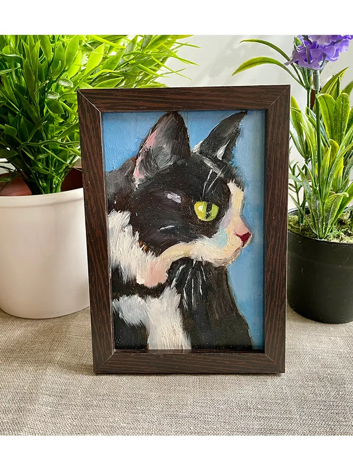 Framed cat painting, small animal painting, cat portrait, home decor ...