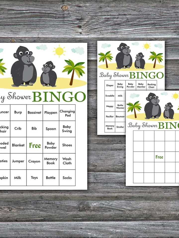 60 Monkey Baby Shower Bingo Cards,Gorilla Baby Shower Bingo Games ...