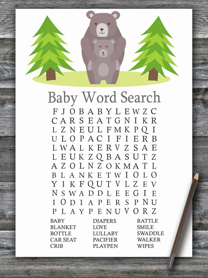 Bear Baby shower word search game card,Woodland Baby shower games ...