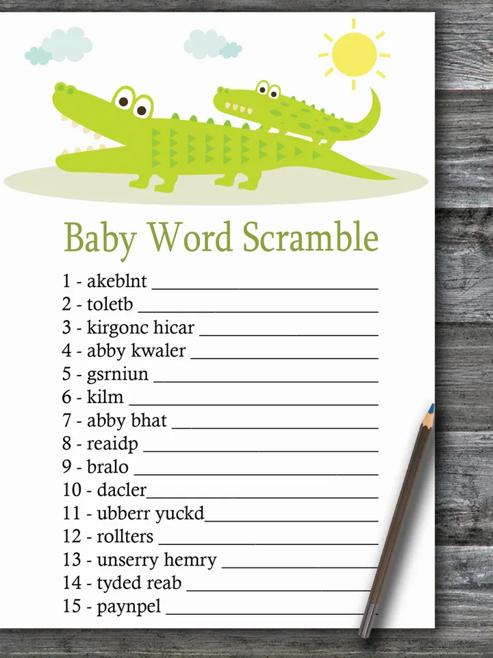 Alligator Baby word scramble game card,Jungle Baby shower games ...