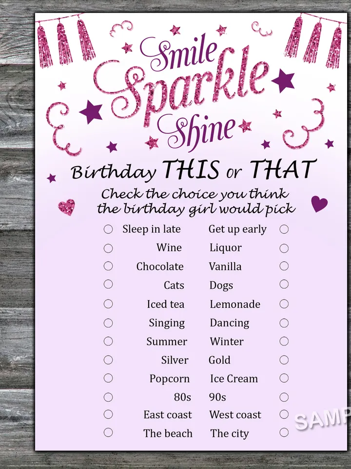 Pink glitter Birthday This or that game,Adult Birthday party game-fun ...