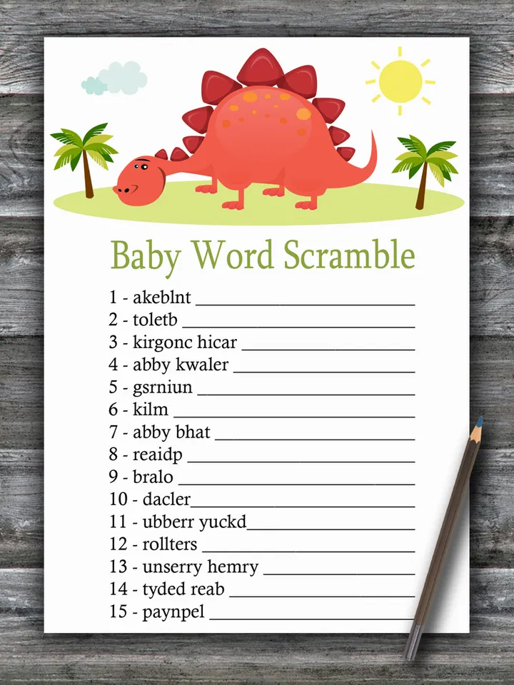 Red Dinosaur Baby word scramble game card,Dinosaur Baby shower games ...
