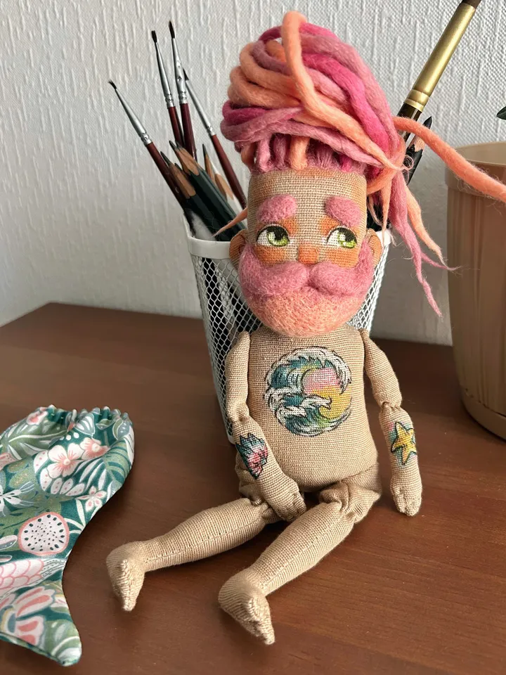 Textile doll bearded merman with pink dreadlocks and tattoo $115.00 ...