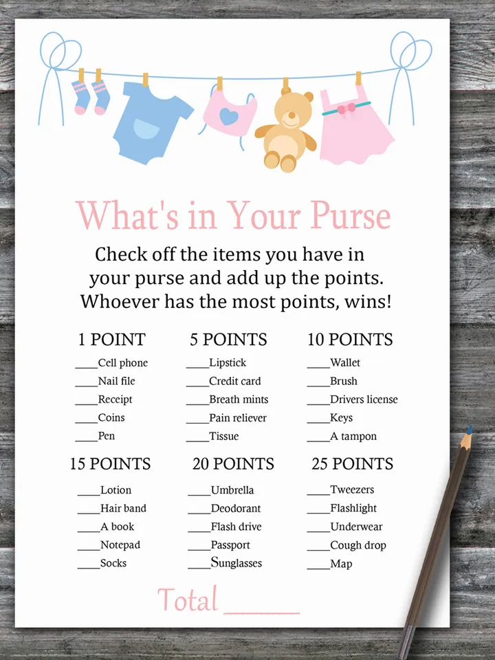 Clothesline What's in your purse game,Clothesline Baby shower games ...