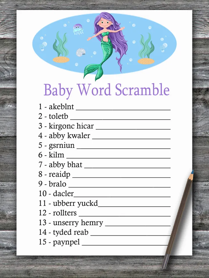 Mermaid Baby word scramble game card,Mermaid Baby shower games ...