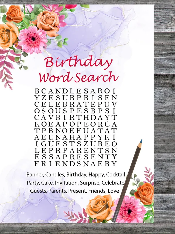 Flowers Birthday Word Search Game,Adult Birthday party game-fun games ...
