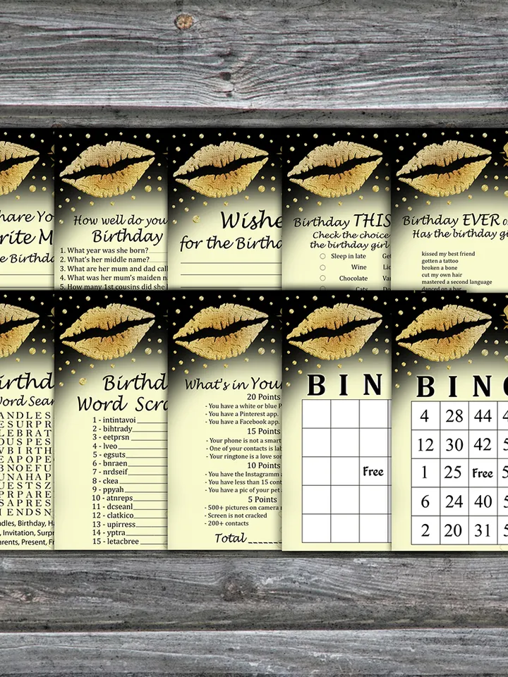 Gold Lips Birthday Party Games bundle,Adult birthday games package ...