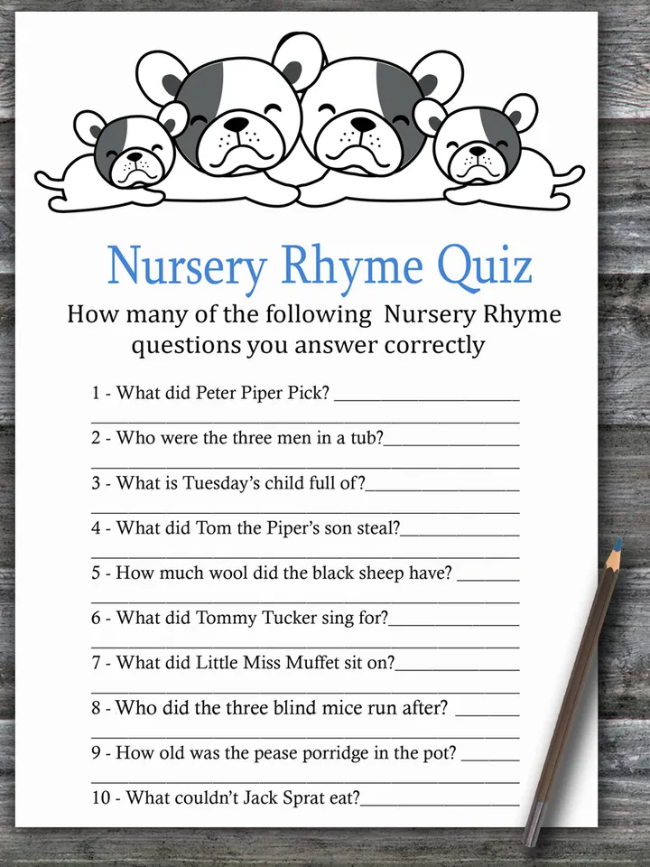 Bulldog Nursery rhyme quiz baby shower game card,Dog Baby shower games ...