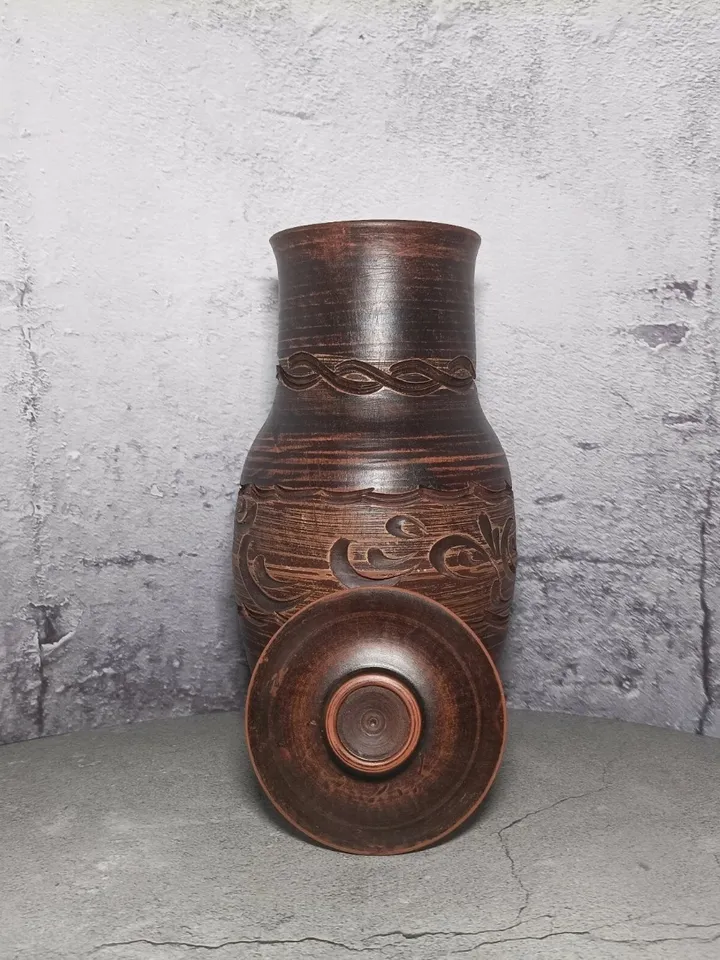 Pottery jug with a lid carved pattern. Handmade from red clay 101.44 fl ...