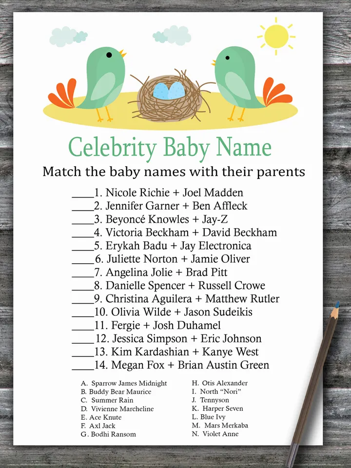 Birds Celebrity baby name game card,Birds and nest Baby shower games ...