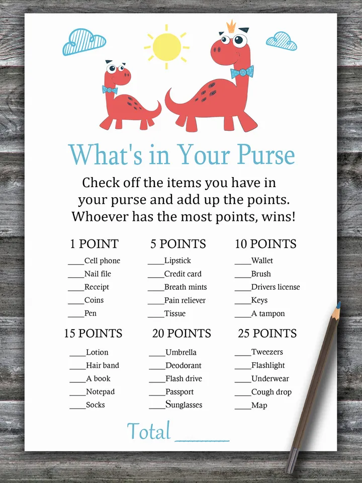 Red Dinosaur What's in your purse game,Dinosaur Baby shower game ...