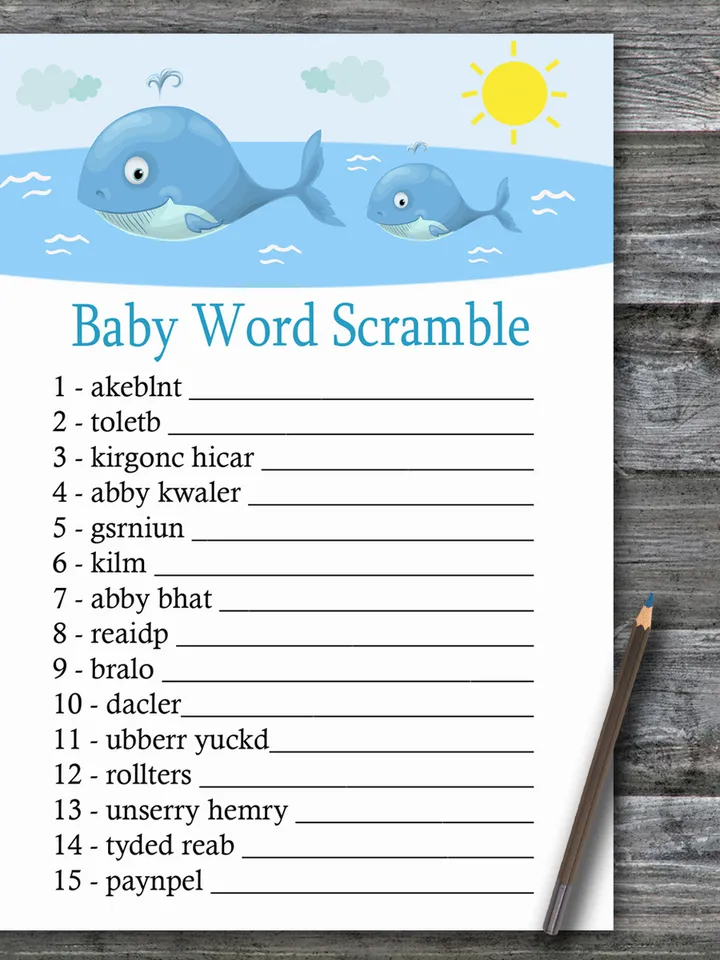 Under the sea Baby word scramble game card,Whale Baby shower games ...