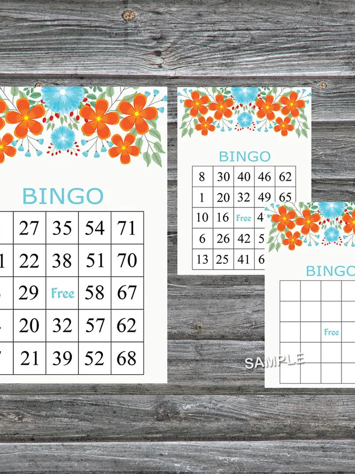 Blue and red flowers bingo game card,Floral bingo game card,Floral ...