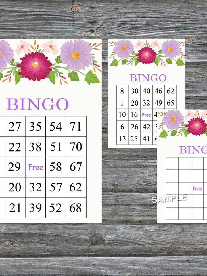 Purple and burgundy Flowers bingo game card,Floral bingo game card ...