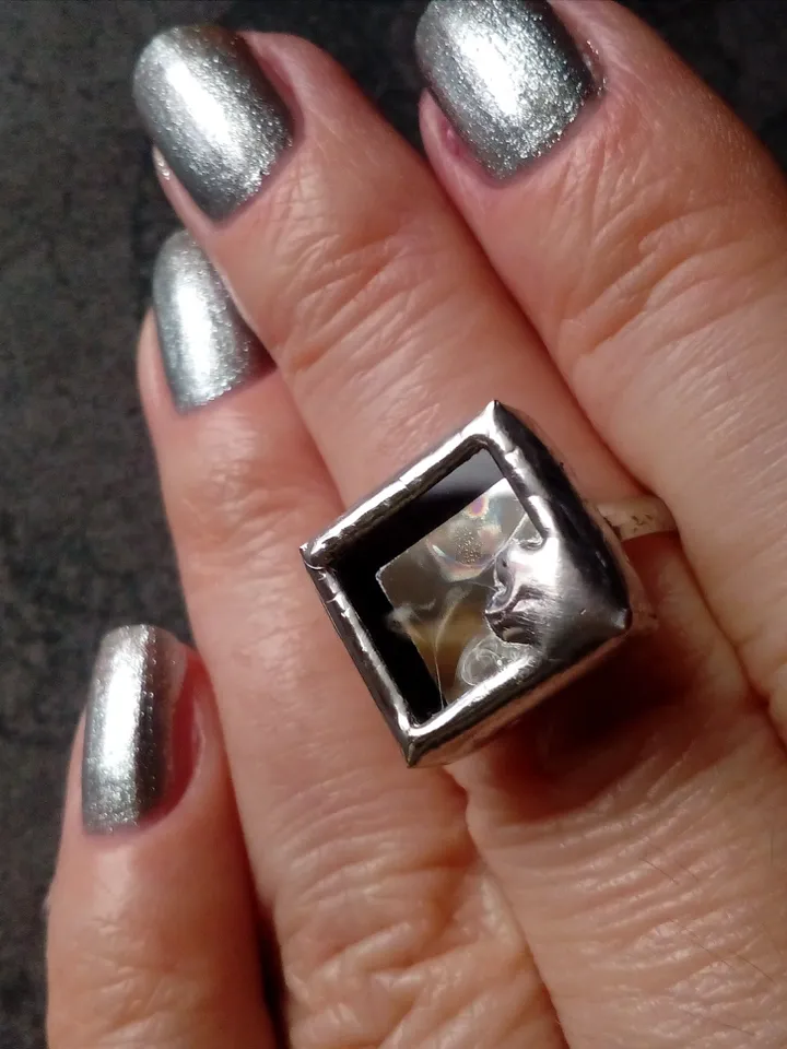 Mirror ring, squar ring, simple stained glass, tin soldered glass ring ...