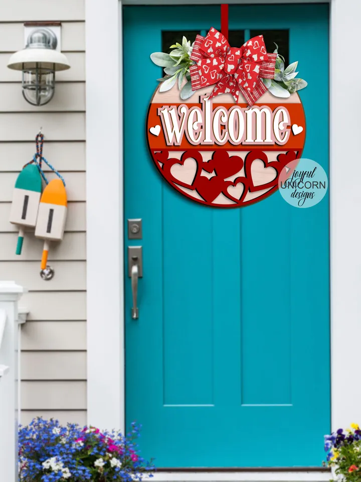 Valentine's Day Welcome Sign SVG, Hearts Door Hanger SVG, Love Wood ...