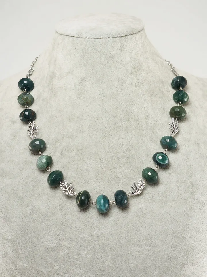 Dark Green Jasper Beaded Necklace Silver Leaf Forest Green Boho ...