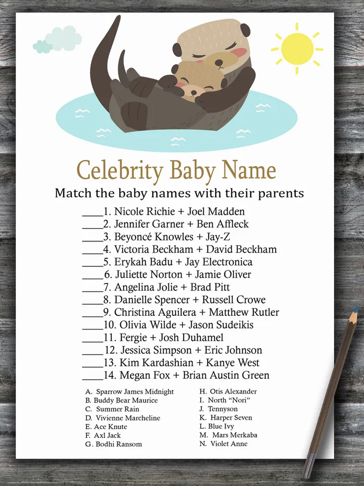Otter Celebrity baby name game card,Woodland Baby shower games ...