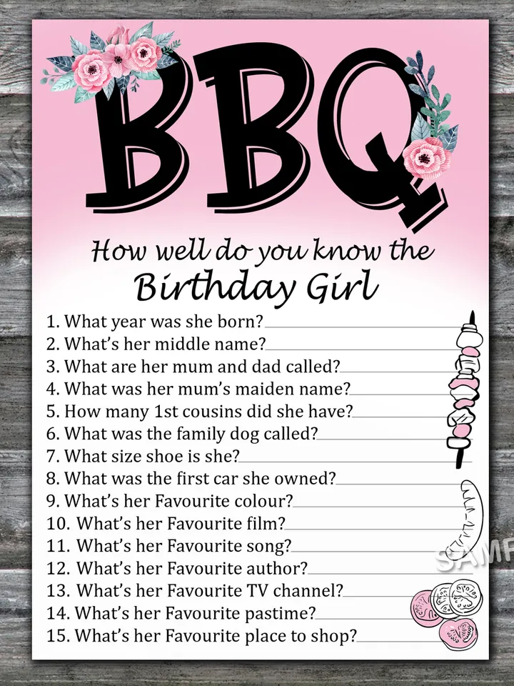 BBQ Birthday Game How well do you know the birthday girl,Adult Birthday ...