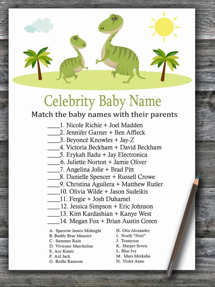 Dinosaur Celebrity baby name game card,Dino themed Baby shower games ...