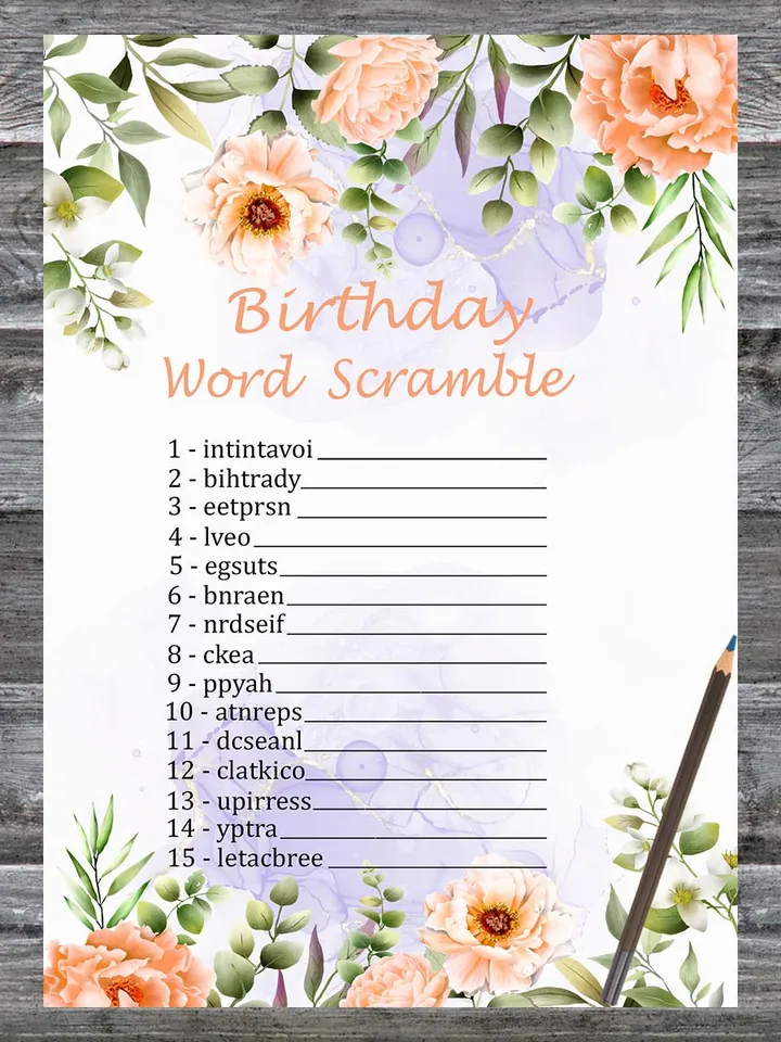 Pastel Flowers Birthday Word Scramble Game,Adult Birthday party game ...
