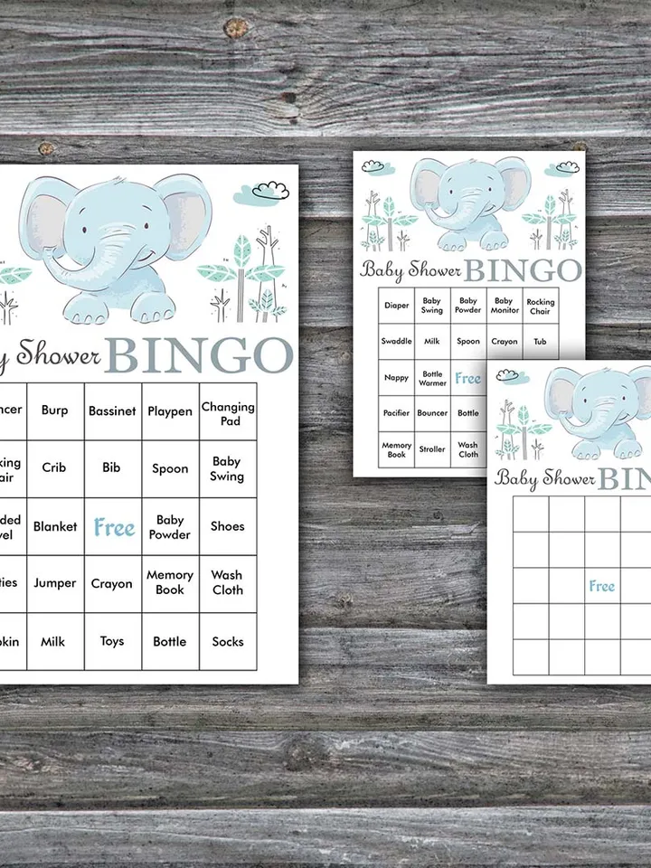 Blue Elephant Baby Shower Bingo Cards,Elephant Baby Shower Bingo Games ...