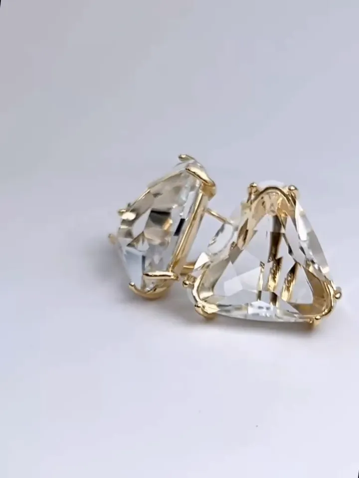 Gold plated earrings with a large triangular crystal stone i, women's ...