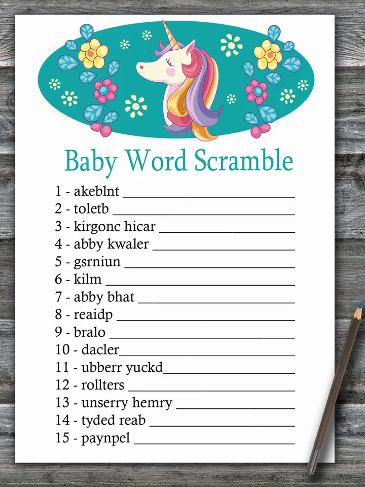 Rainbow Unicorn Baby word scramble game card,Unicorn Baby shower games ...