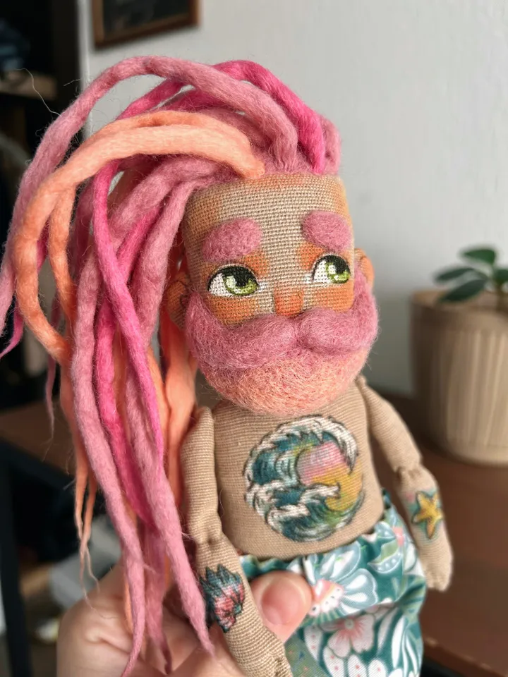 Textile doll bearded merman with pink dreadlocks and tattoo $115.00 ...