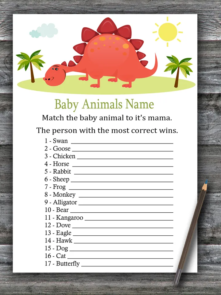 Red Dinosaur Baby animals name game card,Dinosaur Baby shower games ...