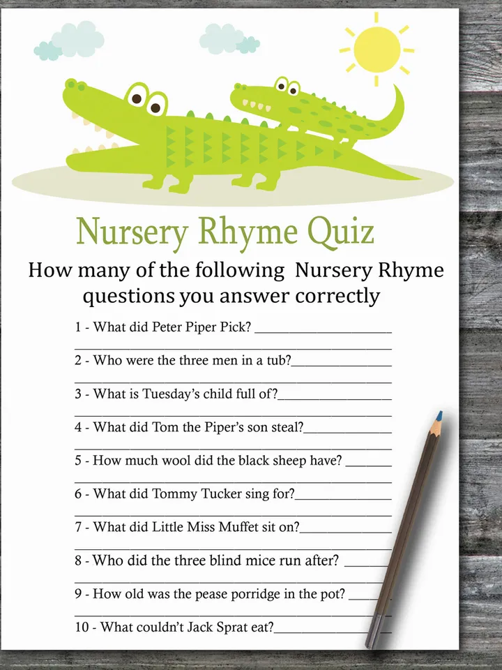 Alligator Nursery rhyme quiz baby shower game card,Jungle Baby shower ...