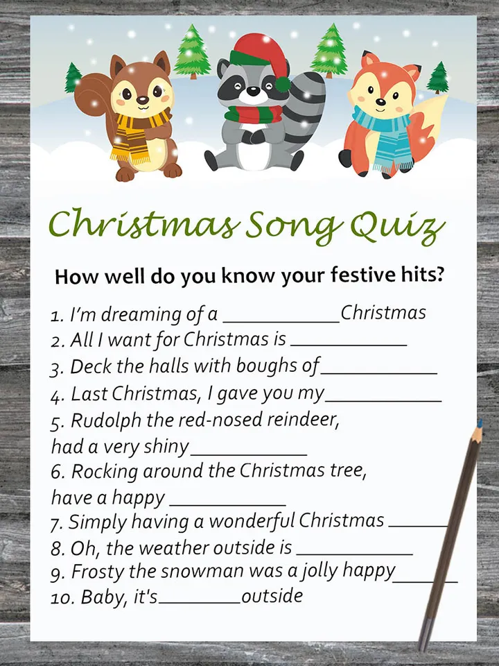 Christmas party games,Christmas Song Trivia Game Printable,Woodland ...