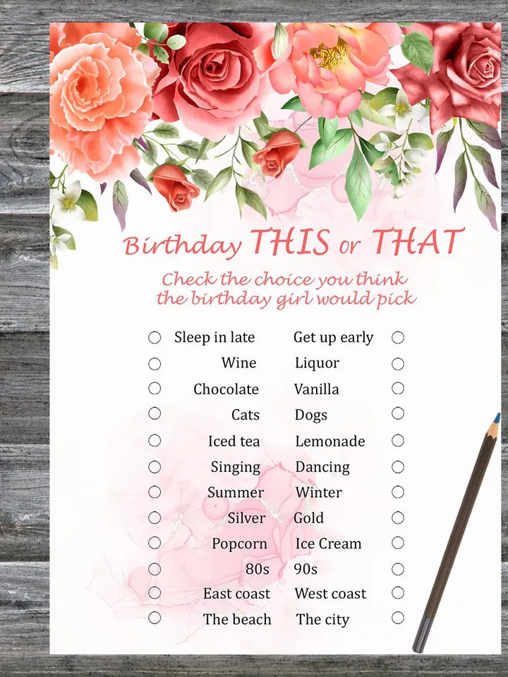 Red Rose Birthday This or that game,Adult Birthday party game-fun games ...