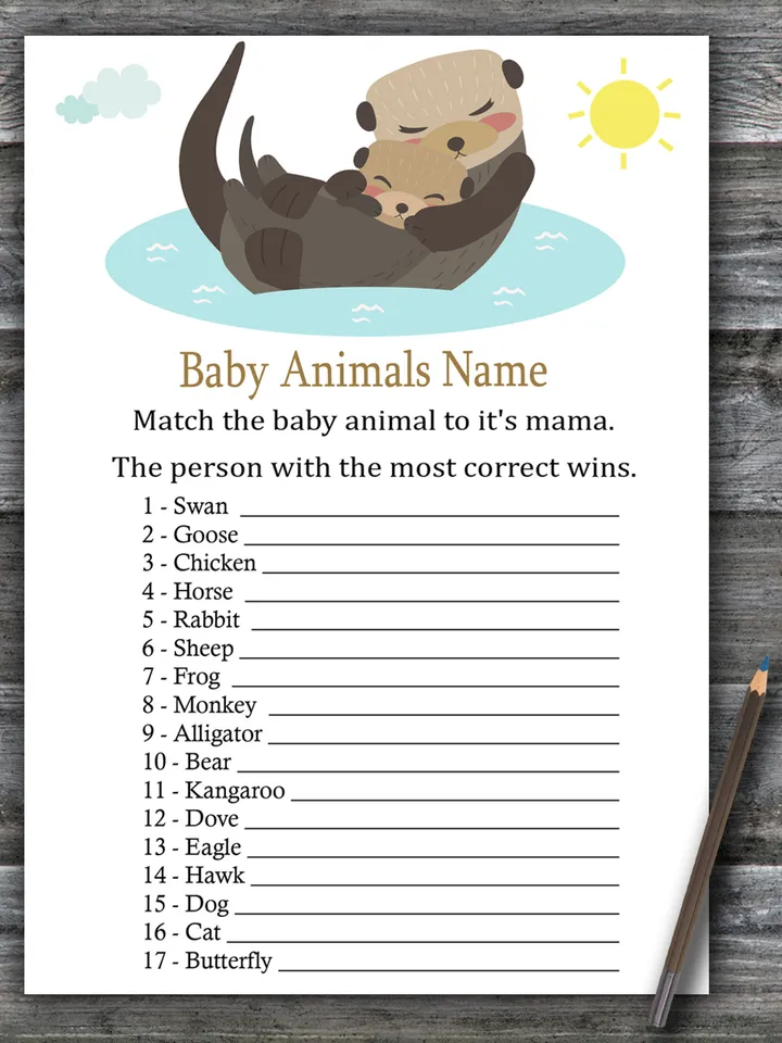 Otter Baby animals name game card,Woodland Baby shower games printable