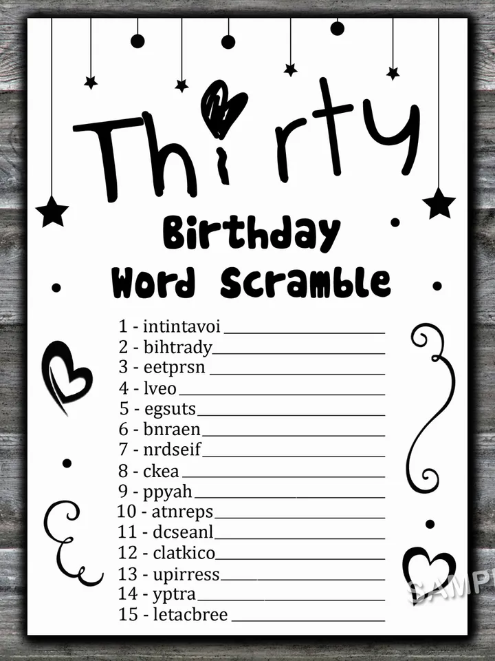 Thirty Birthday Word Scramble Game,Adult Birthday party game-fun games ...