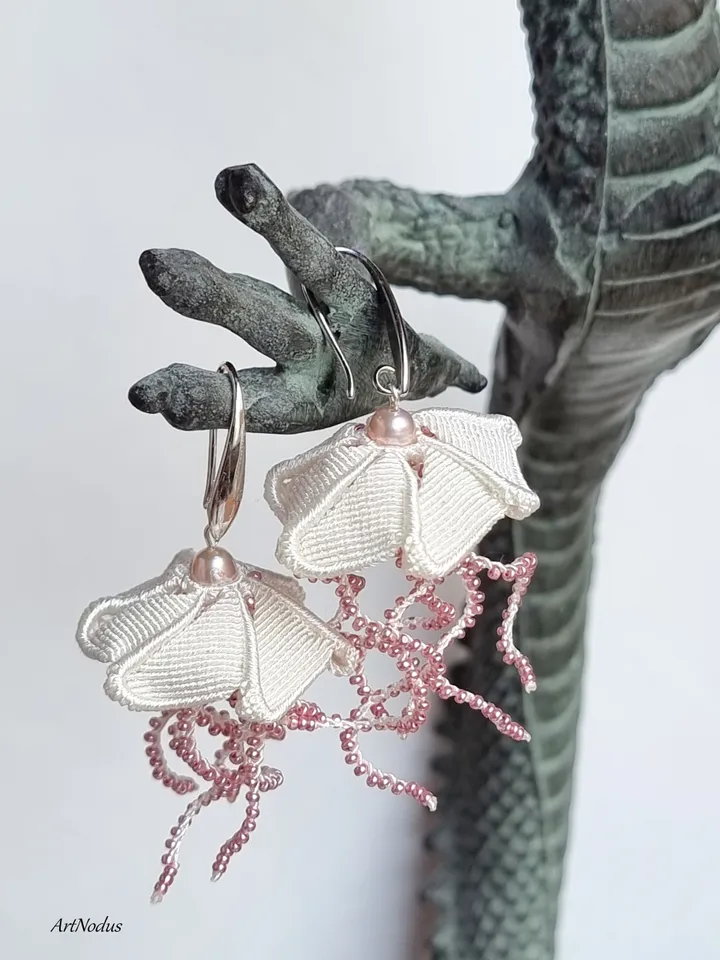 Jellyfish Earrings – Micro-Macrame with Pearls and Beads $30.00 | Buy ...
