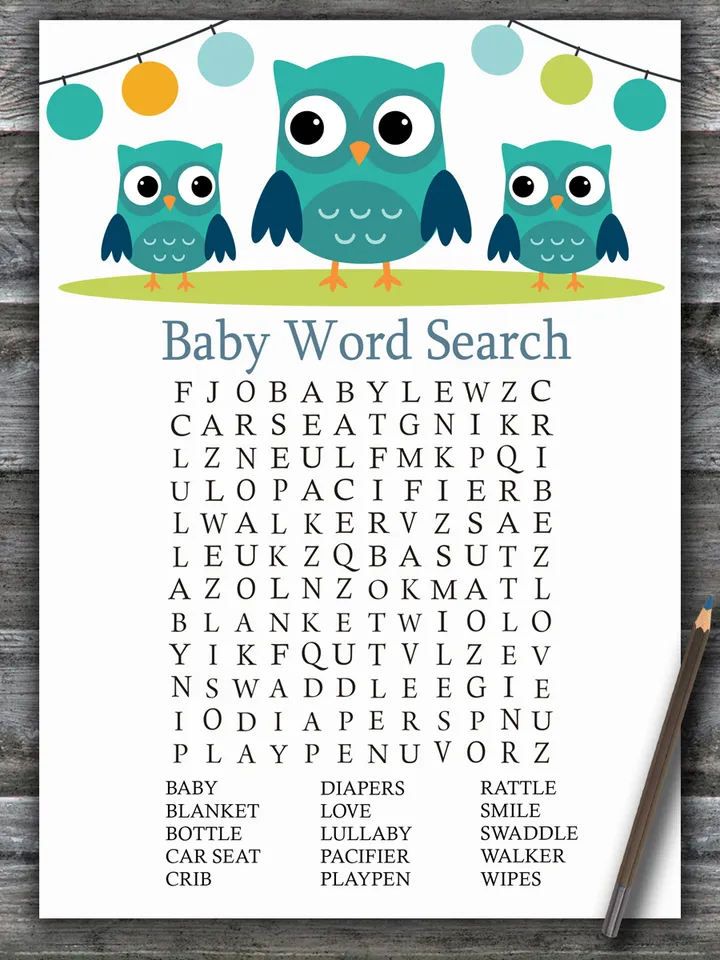 Owl Baby shower word search game card,Owl Baby shower games printable ...