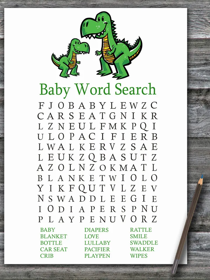 T-rex Baby shower word search game card,Dinosaur Baby shower games ...