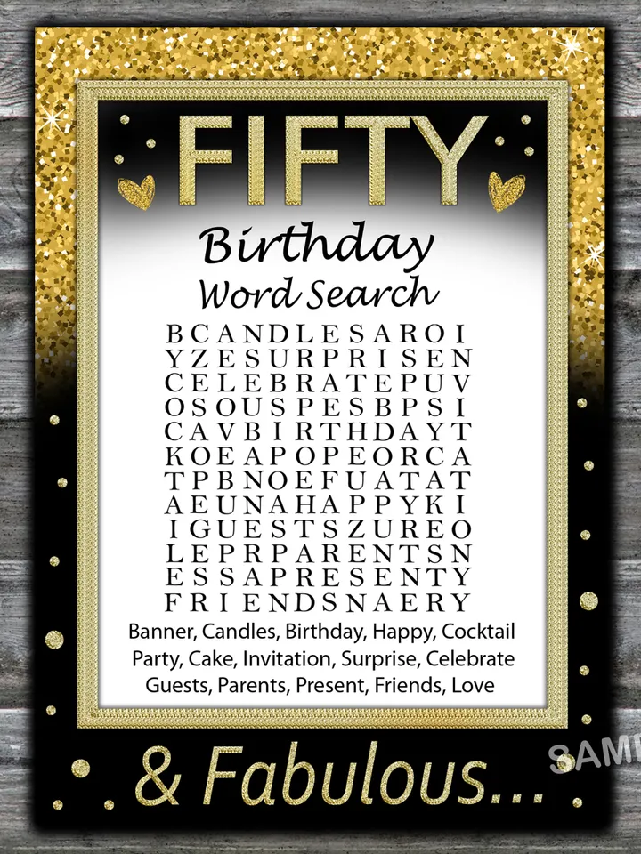 Fifty Birthday Word Search Game,Adult Birthday party game-fun games for ...