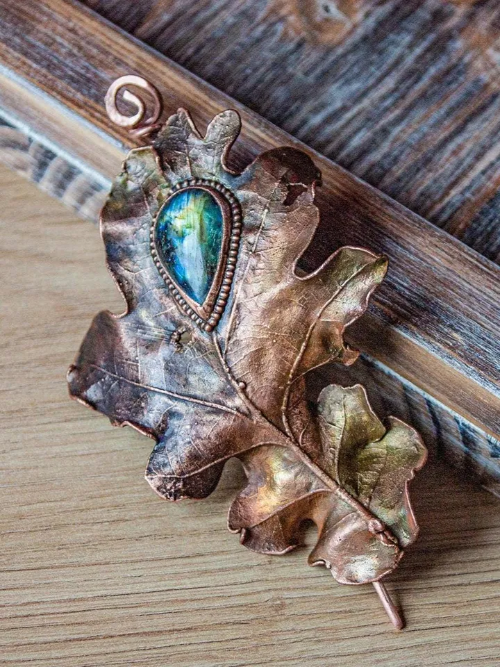Original handmade copper hair brooch made of natural leaves in a single ...