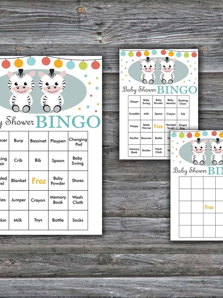 60 Baby Zebra Baby Shower Bingo Cards,Safari theme animals Baby Shower ...