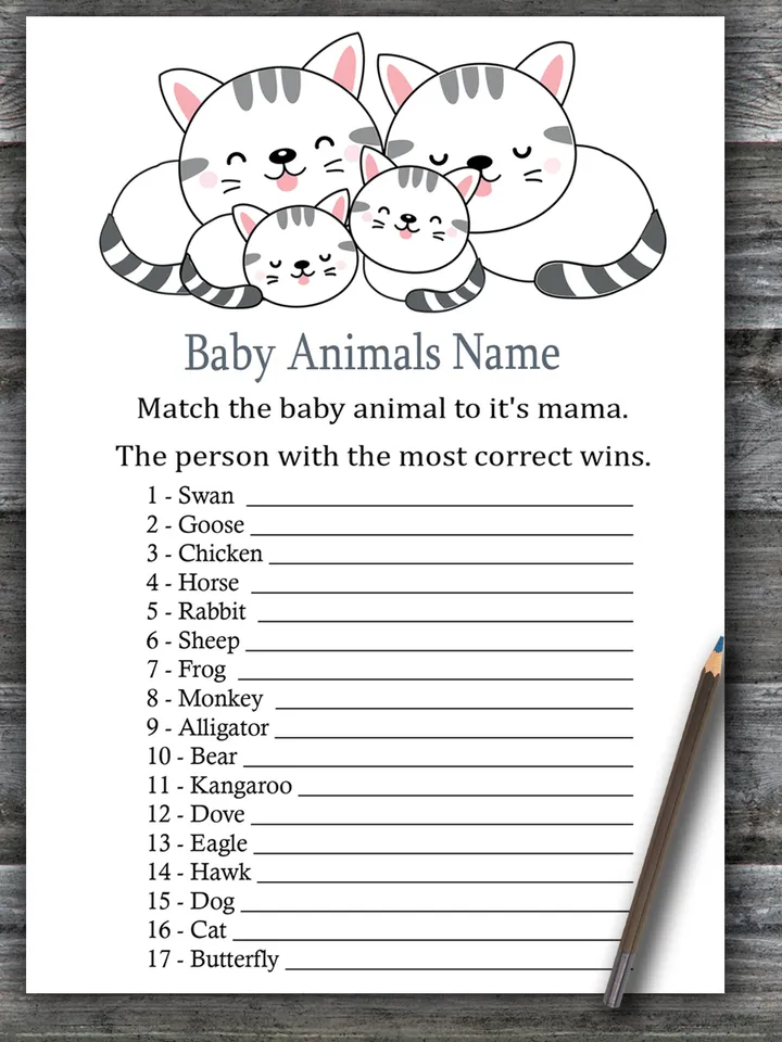 Kittens Baby animals name game card,Cat or Kittens Baby shower games ...