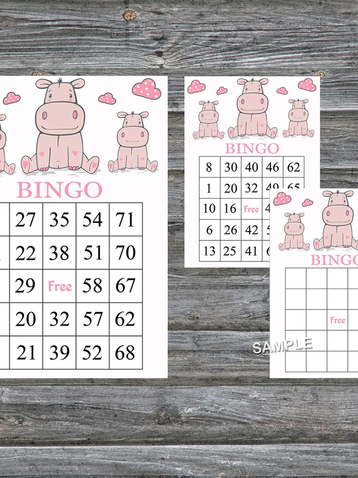 Pink hippo bingo cards,hippo bingo game,Safari printable bingo cards,60 ...