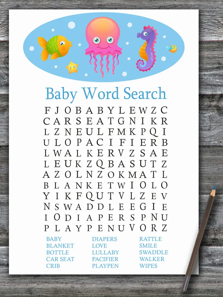 Jellyfish Baby shower word search game card,Under the sea Baby shower ...