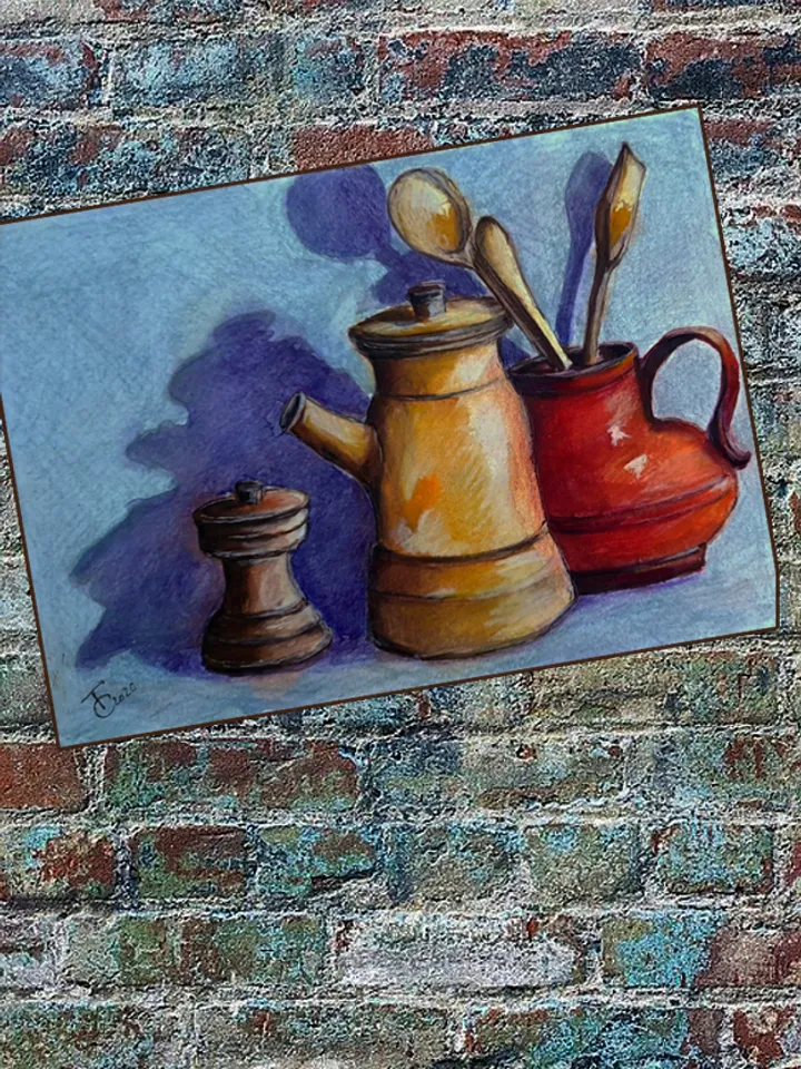 scenic painting in mixed media Still life with a red jug 29,6х20,5 см ...