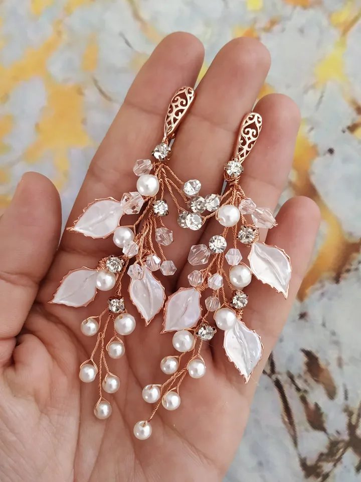 LuxuryBridalDesigns Rose Gold Leaf Floral Bridal Earrings Chandelier Statement Boho Earrings Bridal Vine Earrings Boho Wedding Earrings Pearl Earrings