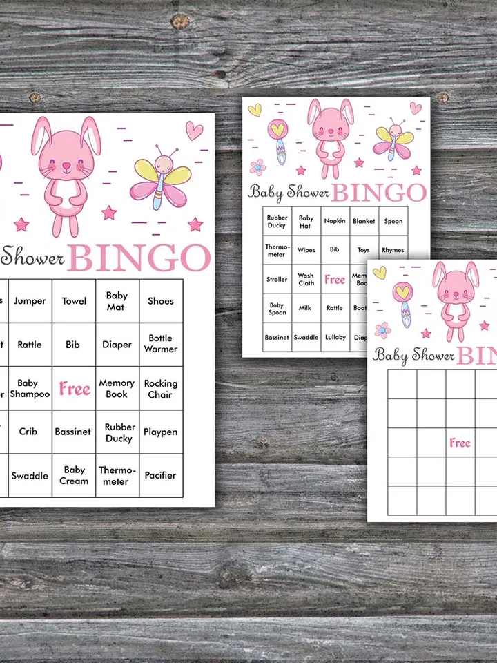 Pink rabbit Baby Shower Bingo Cards,Rabbit Baby Shower Bingo Games ...