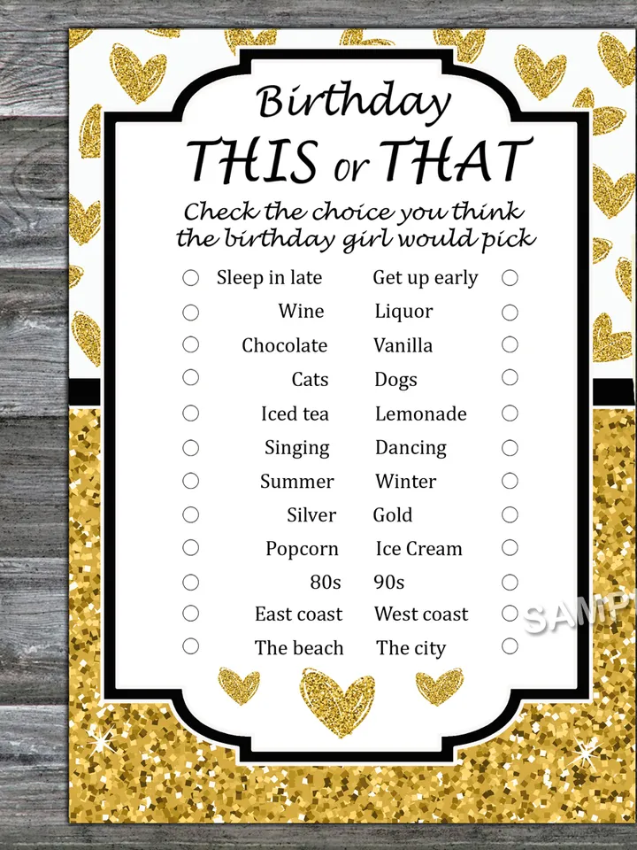 Gold glitter heart Birthday This or that game,Adult Birthday party game ...