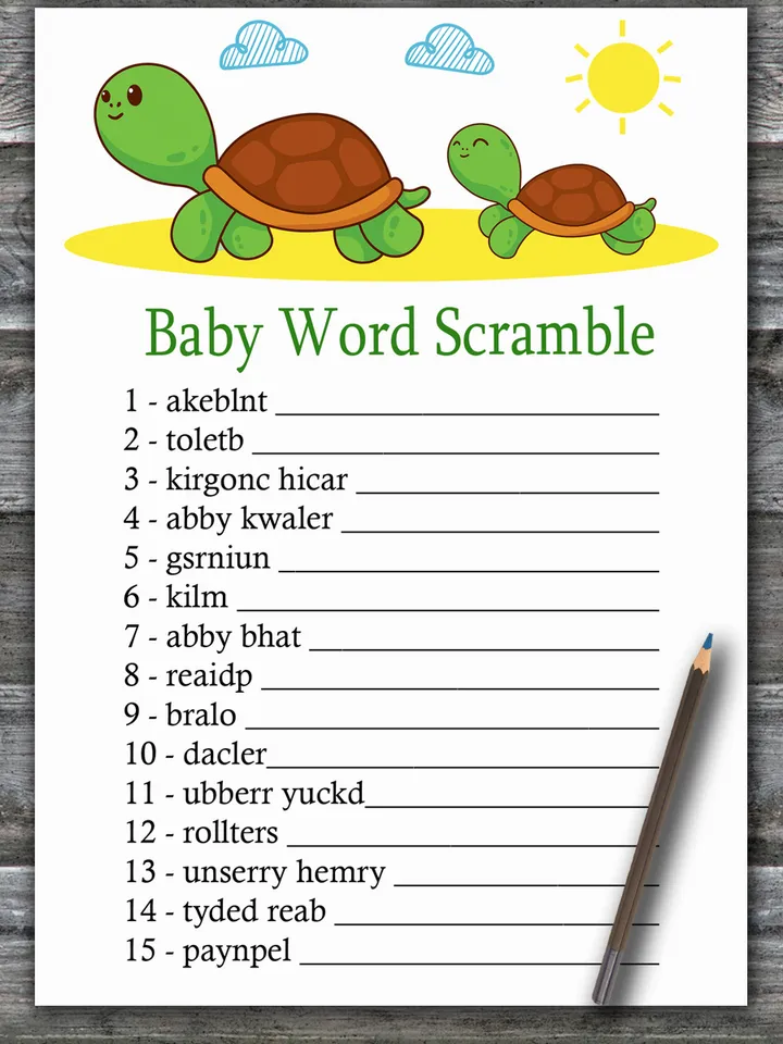Cute Turtle Baby word scramble game card,Turtle Baby shower game ...