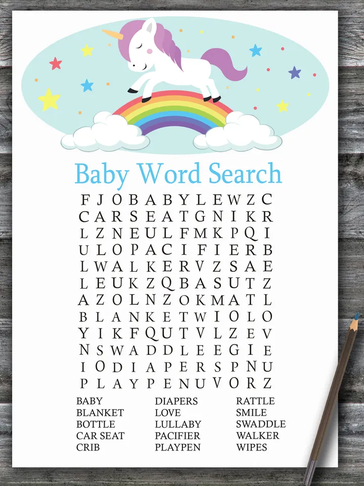 Unicorn Baby shower word search game card,Rainbow Baby shower games ...
